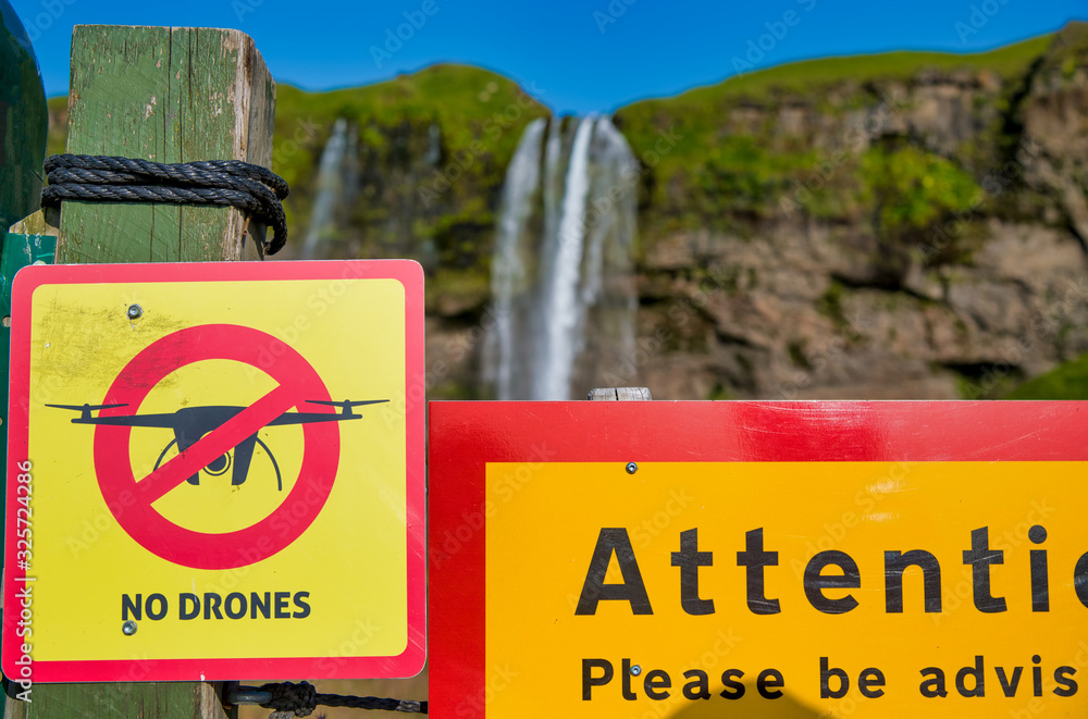 No Drones warning at the entrance of national park. Recreation area ...