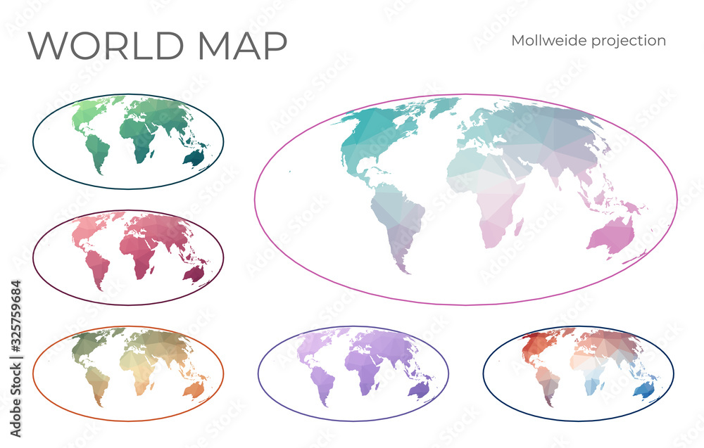Low Poly World Map Set. Equal-area, pseudocylindrical Mollweide ...