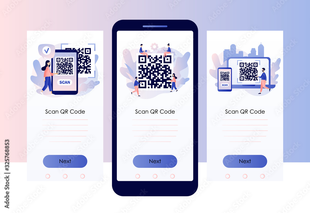 Vector de Stock QR Code scanning concept. Tiny people scan code using smartphone. Screen ...