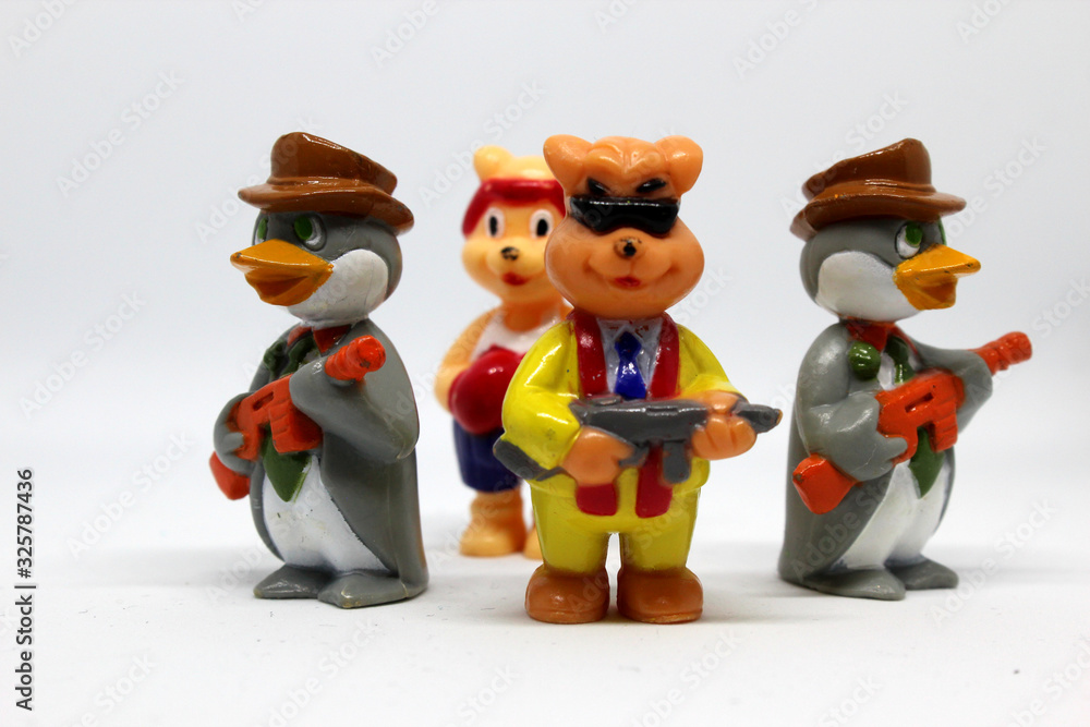 Illegal profit and black cash. Mafia business. Three mascot holding gun ...