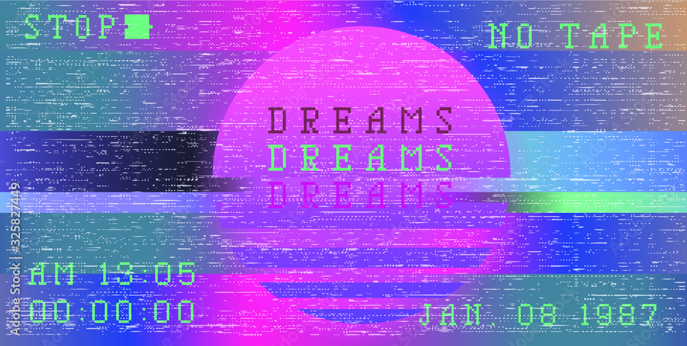 TV screen with VHS flicker effect and neon sun disc. Retrofuturistic ...