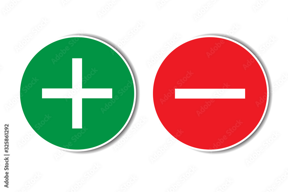 Positive negative plus minus assessment red green buttons with shadow ...