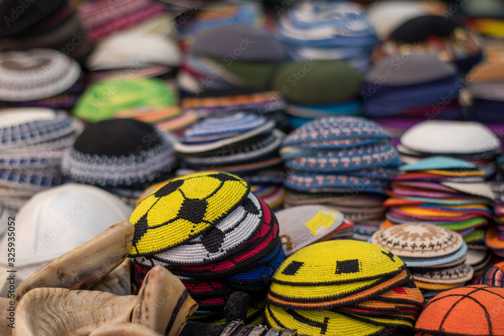 Collection of different kippa, kipa, kipah, kippot, koppel or yarmulke ...