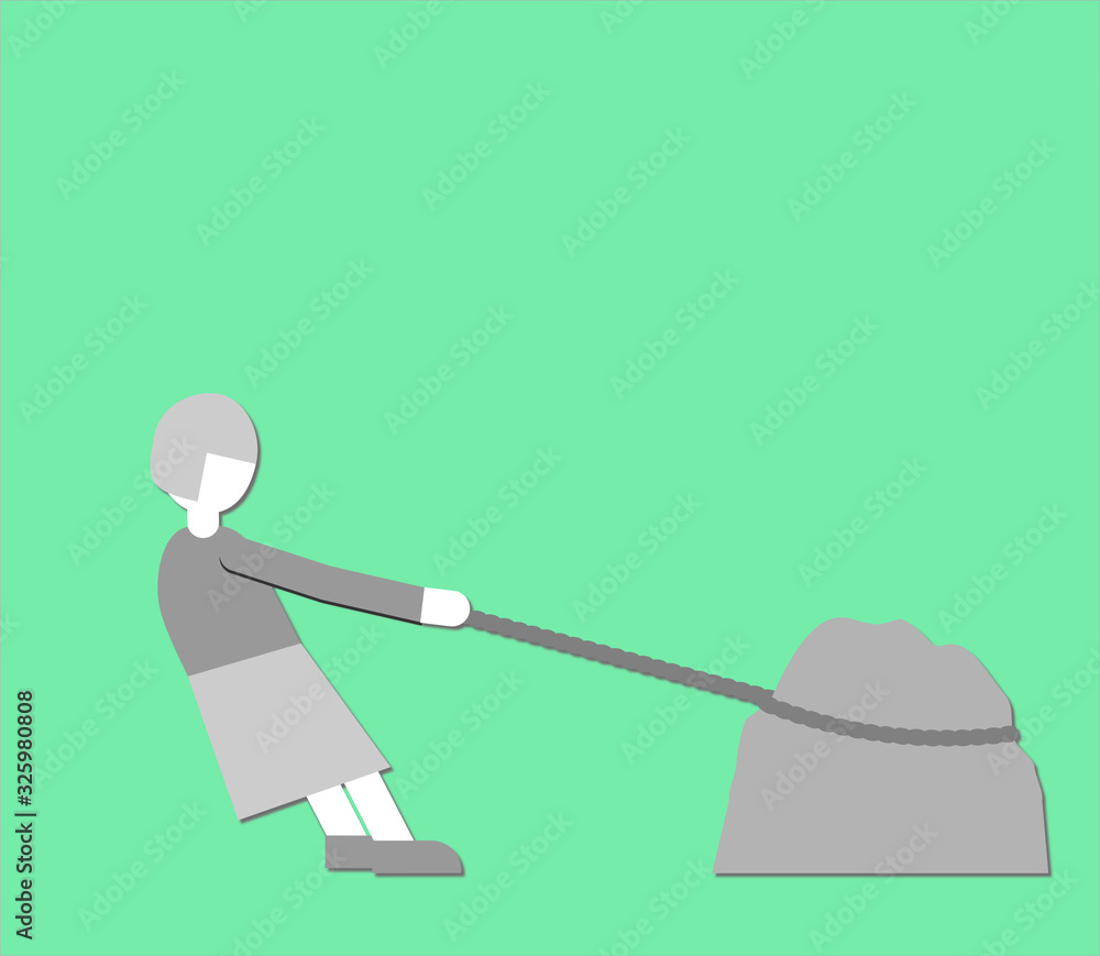 The stubborn old lady is dragging a large heavy stone. A strong ...