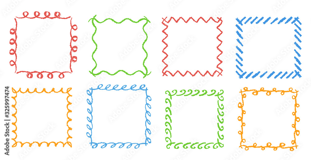 Crayon hand drawing square frames. Set of colorful rectangular ornate ...