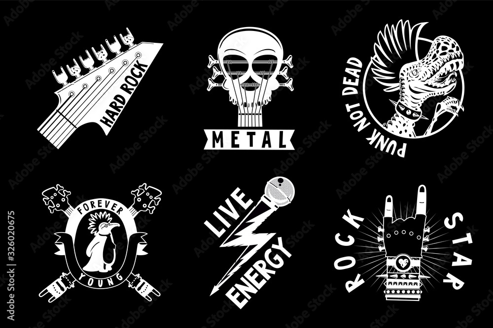 Vintage music emblem. Tattoo style illustration pack for rock and rap ...