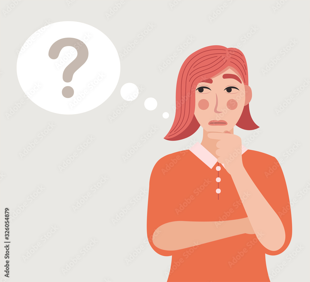 Cartoon young standing woman thinking with question mark in think ...