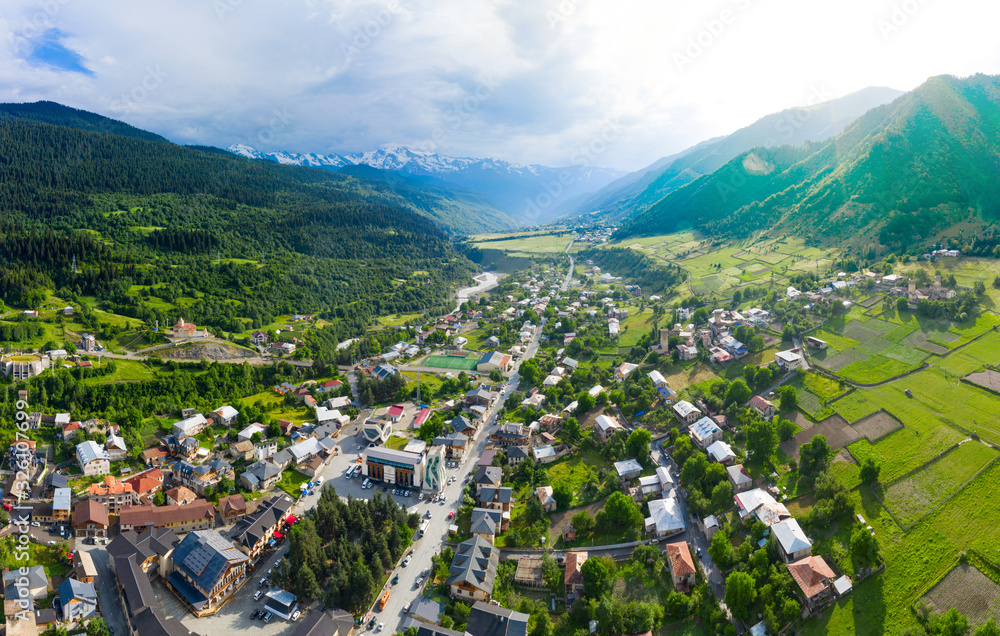 Panoramic view of Svan Towers in Mestia, Svaneti region, Georgia. It is ...