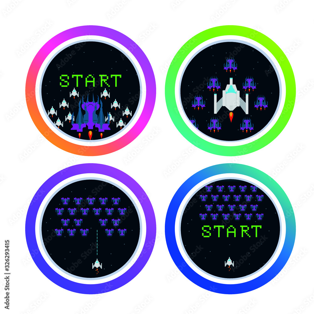 Retro video game, screen, arcade space warships, shooting, background ...