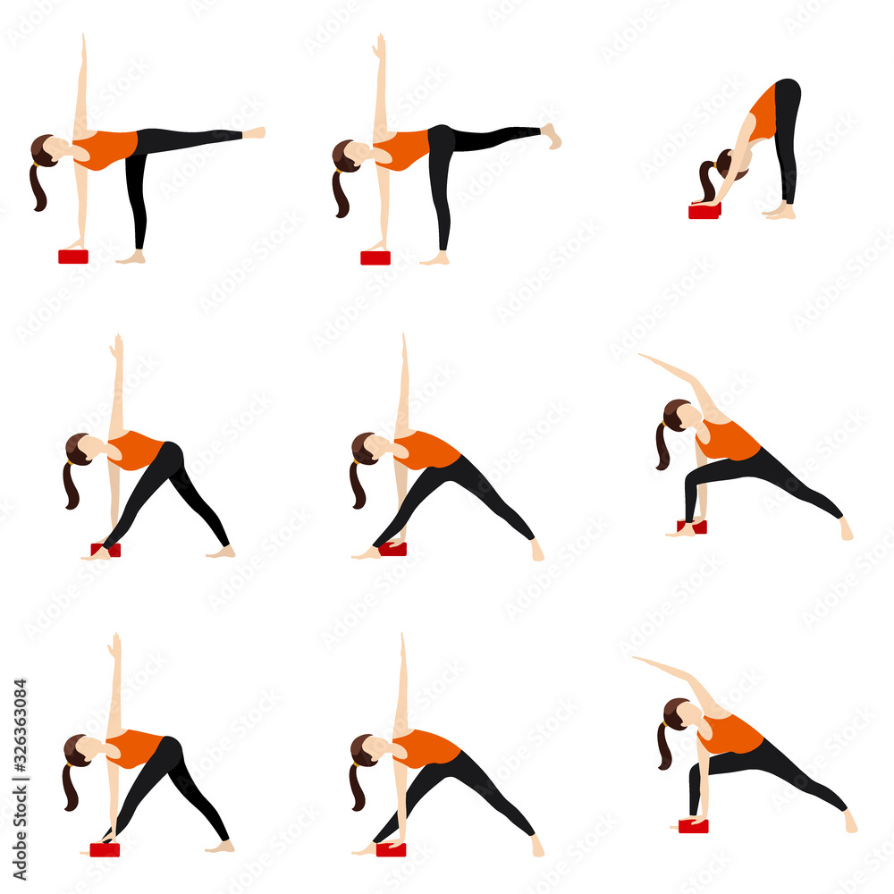 Bend and twist standing yoga asanas set with blocks/ Illustration ...