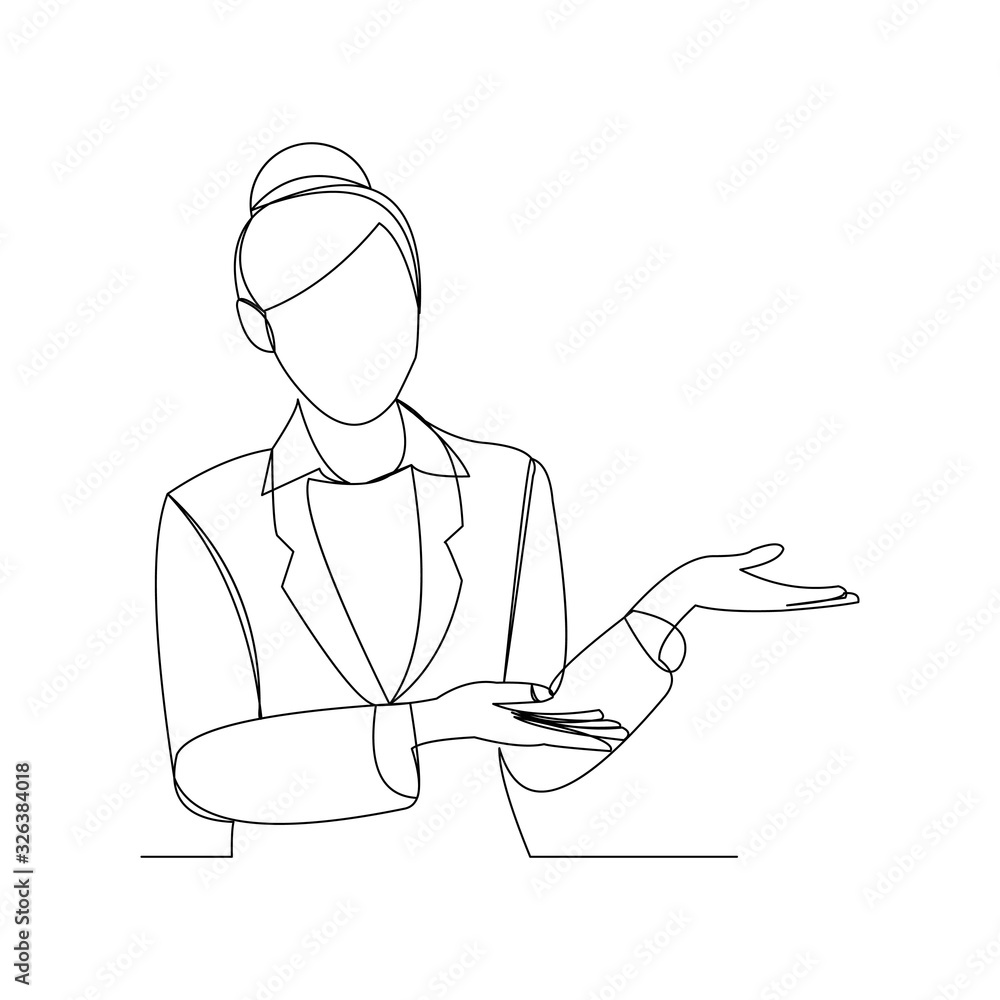 Continuous line drawing of business woman showing for something ...