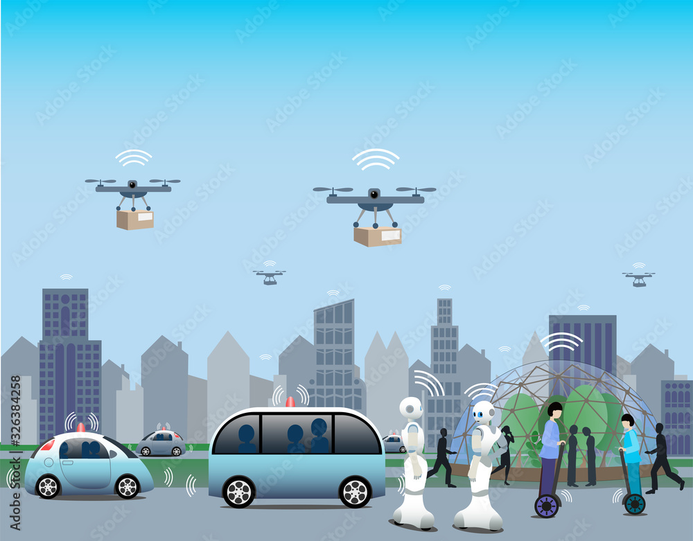 5G city for sustainability. IoT Connected robots. Electrified and ...