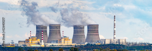 Nuclear power plant panorama with two RBMK type reactors, same as ...