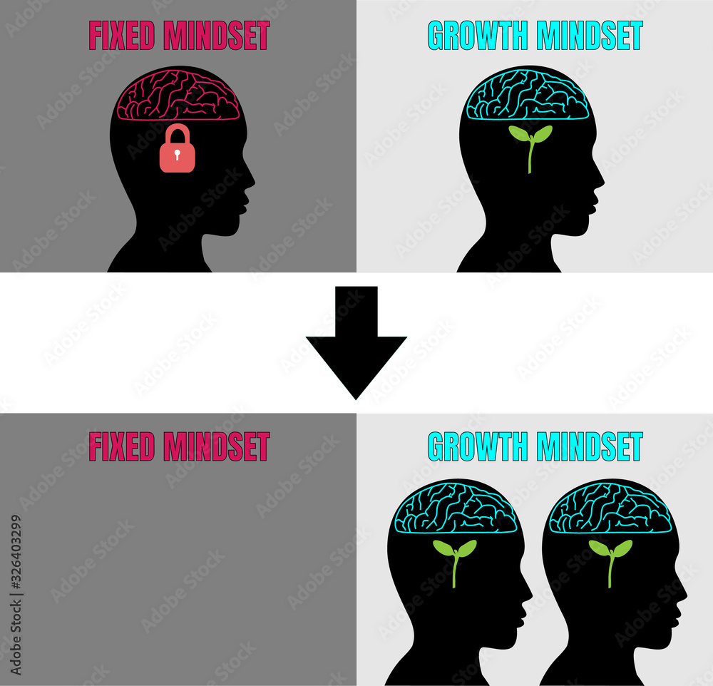 Human head with brain inside. Growth mindset VS Fixed mindset. Change ...