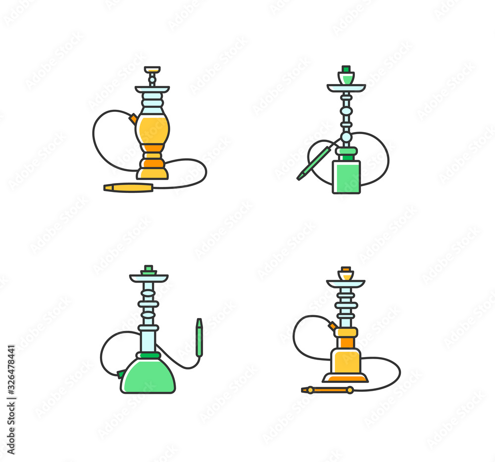 Hookah RGB green and yellow color icons set. Nargila option. Sheesha ...