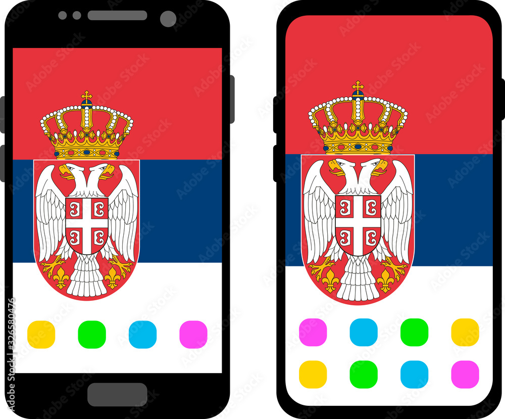 Two black smartphones with a home screen and wallpaper with the flag of ...