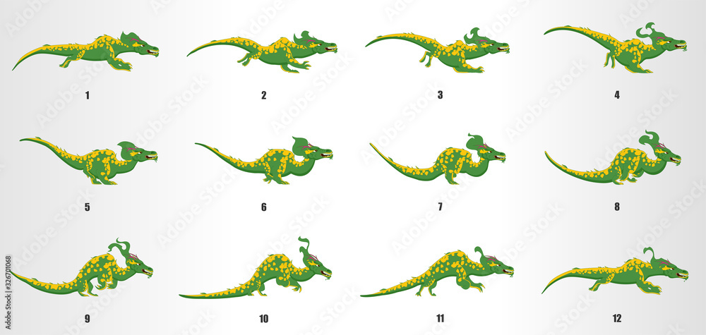 Dragon Run cycle animation frames, loop animation sequence sprite sheet Stock Vector | Adobe Stock