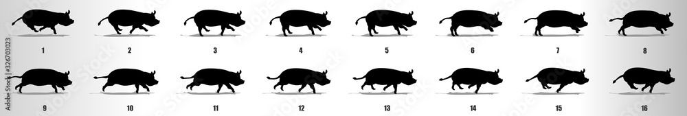 Pig run cycle animation frames silhouette, loop animation sequence sprite sheet Stock Vector ...