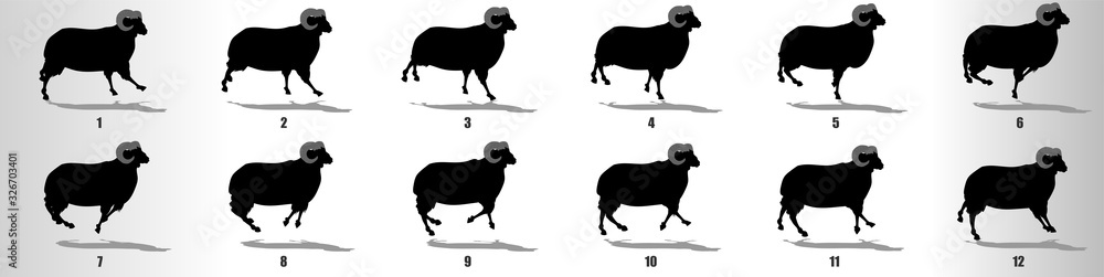 Ram run cycle animation frames silhouette, loop animation sequence sprite sheet Stock Vector ...