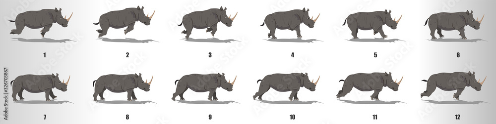 Vector de Stock Rinoceros run cycle animation frames, loop animation sequence sprite sheet ...