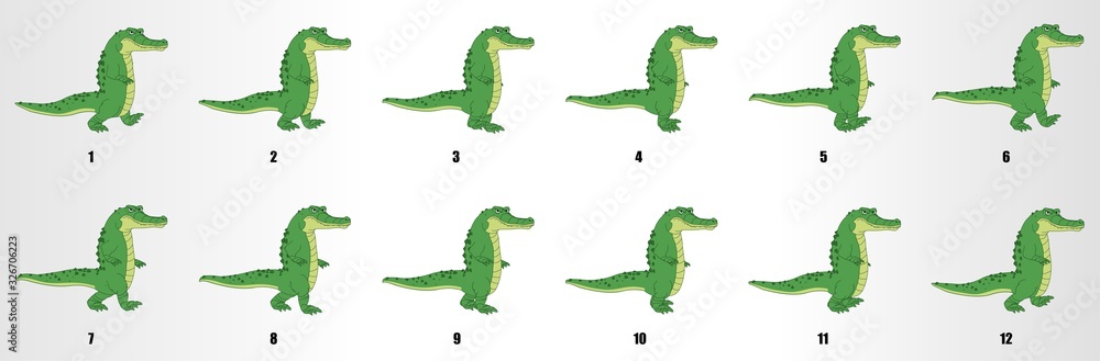 Praca wektorowa bez tantiem: Cartoon Crocodile walk cycle animation frames, loop animation ...