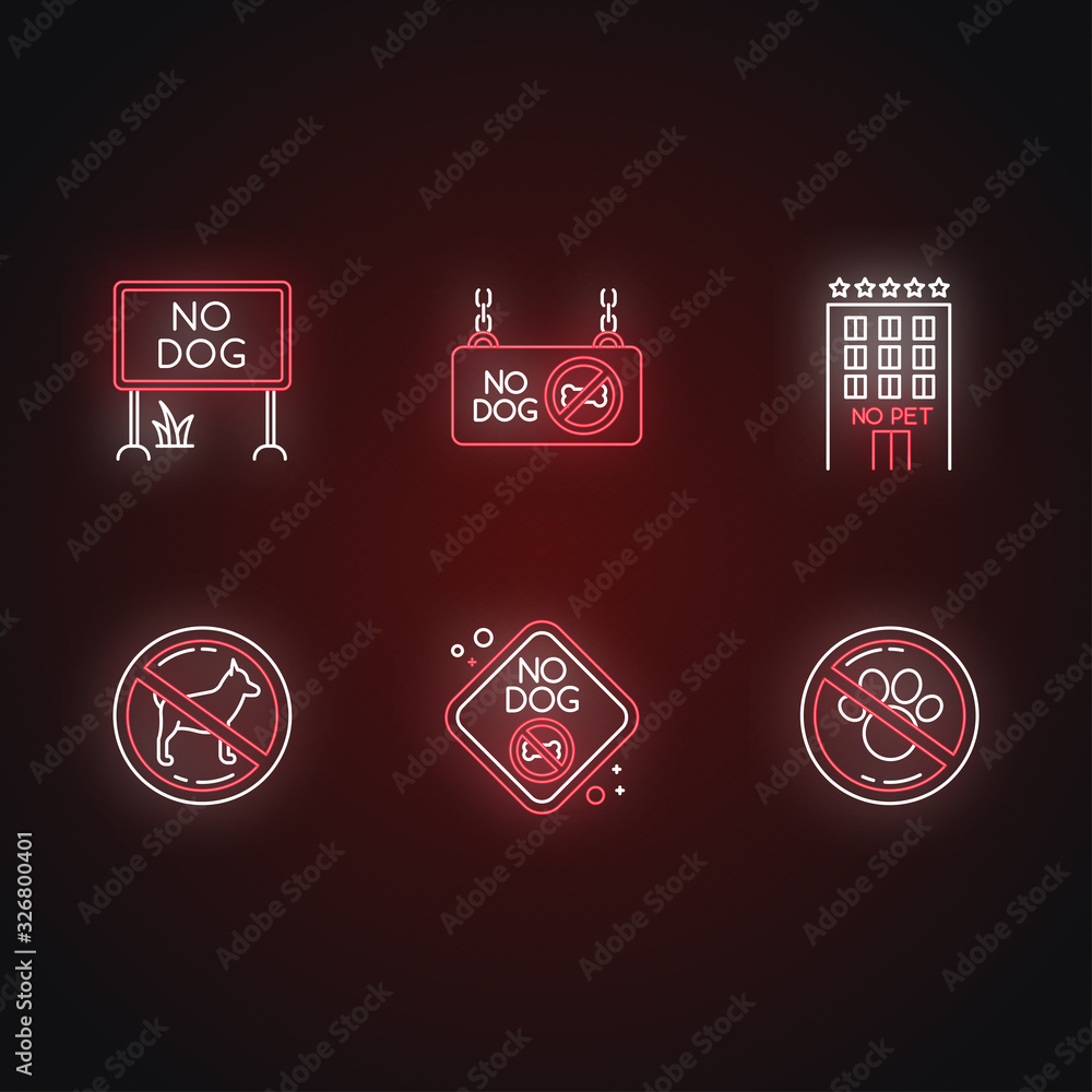 Pet not allowed emblems neon light icons set. Four-legged friends ...