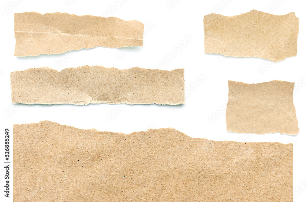 Recycled paper craft stick on a white background. Brown paper torn or ...