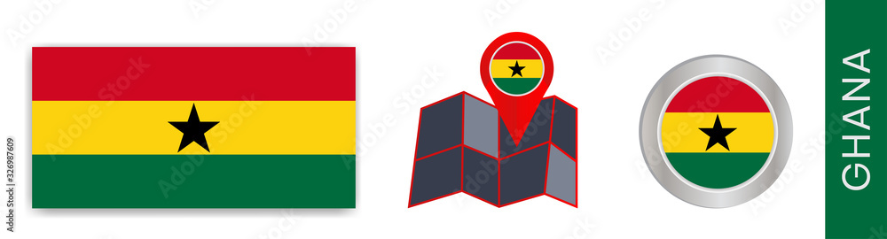 Collection of Ghana national flags isolated in official colors and map ...