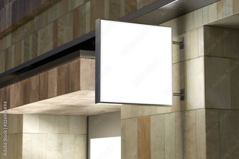 Square singboard or signage on the marble wall with blank white sign ...