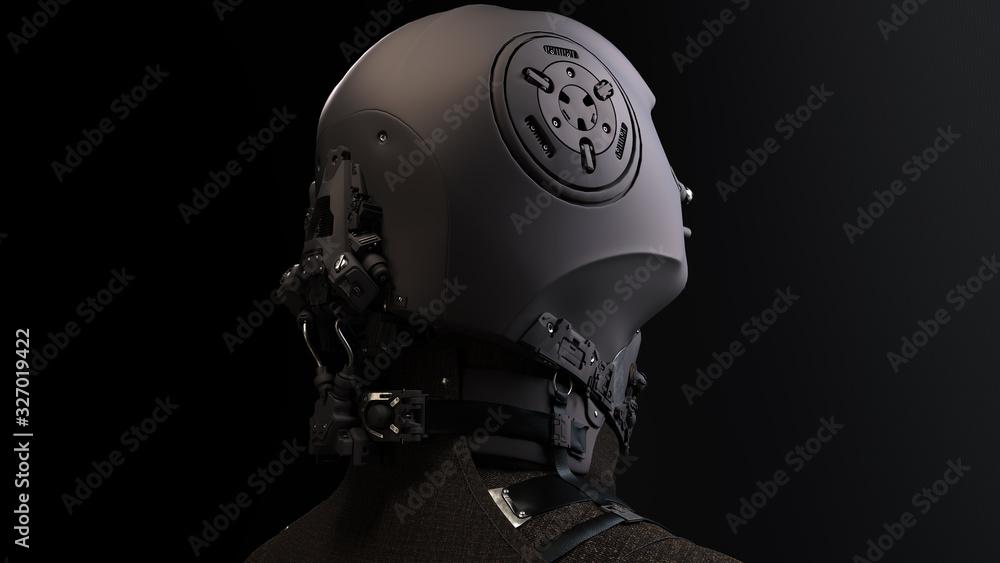 3D composite illustration of Cyborg with a skull face pilot, aviator ...