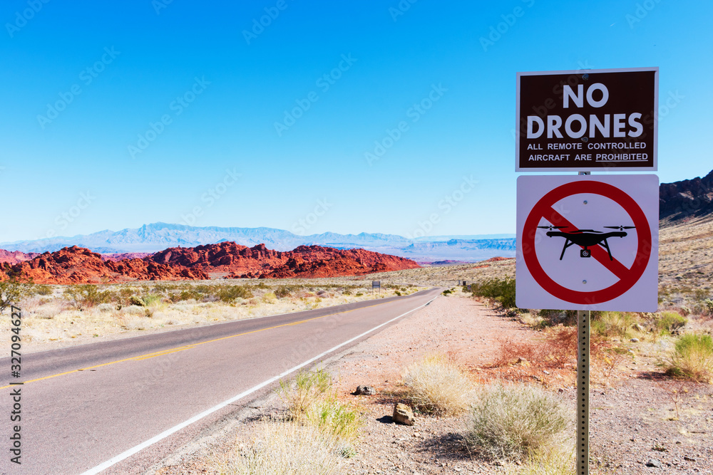 No drones zone warning sign prohibit the launching, landing, or ...