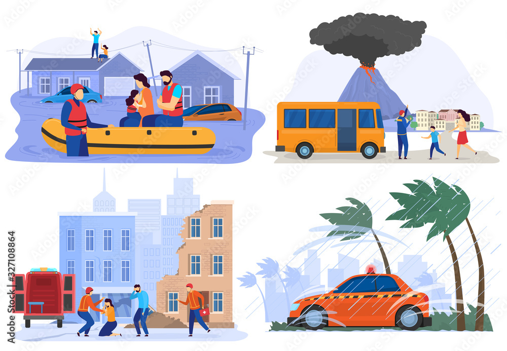 Emergency evacuation victims of natural disasters, flood, earthquake ...