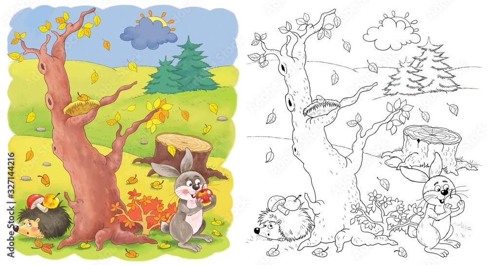 Four seasons. In the forest. Cute hare and hedgehog. Coloring page ...
