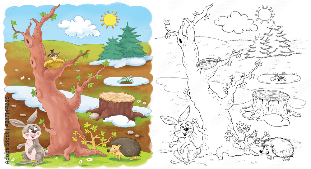 Four seasons. In the forest. Cute hare and hedgehog. Coloring page ...