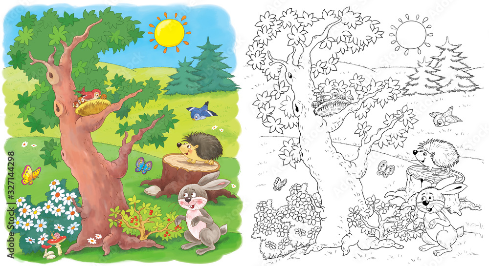 Four seasons. In the forest. Cute hare and hedgehog. Coloring page ...
