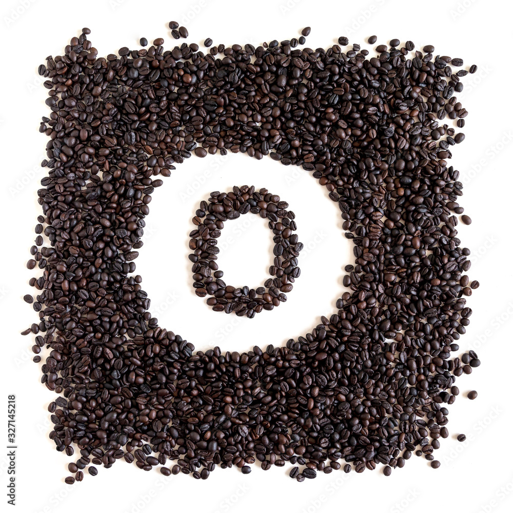 Letter O made out of aromatic coffee beans, top view, isolated on white ...