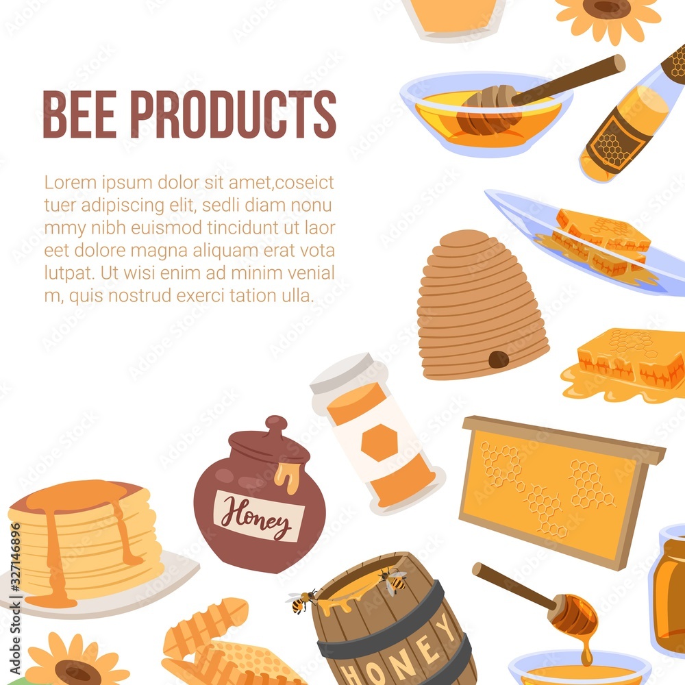 Honey and bee products vector illustration for poster or website ...