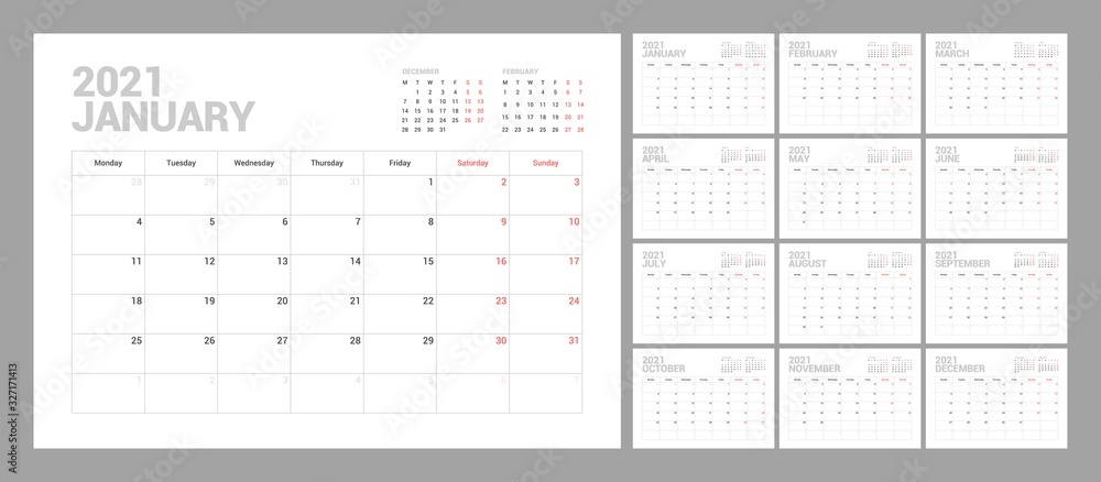 Wall calendar template for 2021 year. Planner diary in a minimalist ...