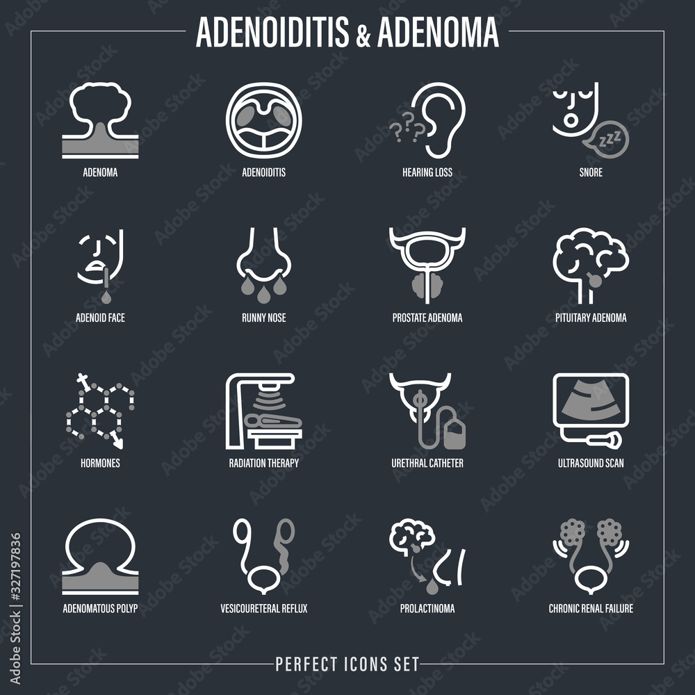 Adenoiditis and adenoma thin line icons set. Benign tumor, hearing loss ...