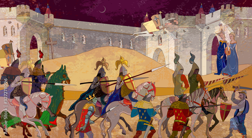 Medieval scene. Crusaders in an armor. Knightly tournament. Soldiers of ...