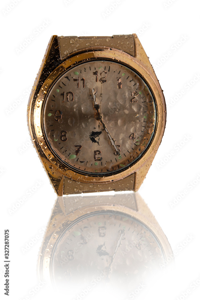 Water drops on the gold watch on a white background,with clipping path ...