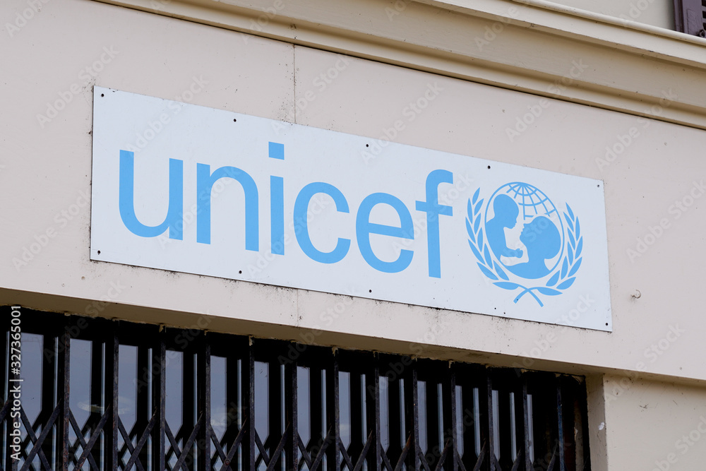 unicef sign logo on building international organization united Nations ...