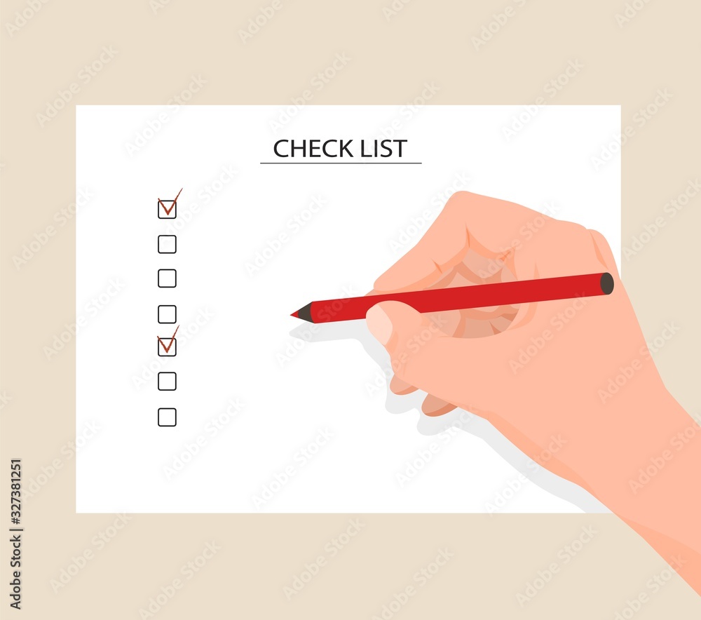 Cartoon human hand holding pen marking checkboxes on checklist vector ...