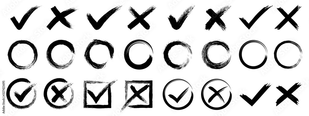 Set hand drawn check mark, tick and cross brush signs, checkmark OK and ...