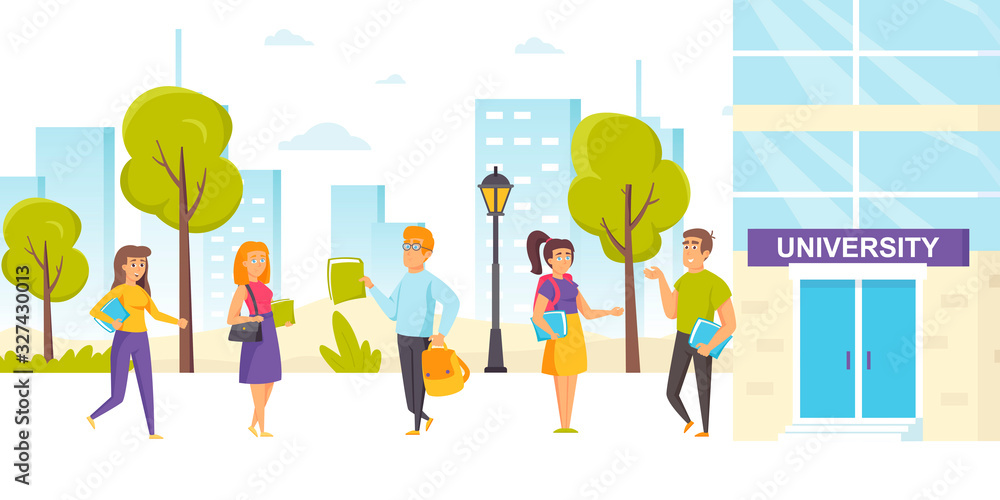 Funny fellow students with textbooks meet and talk to each other at ...