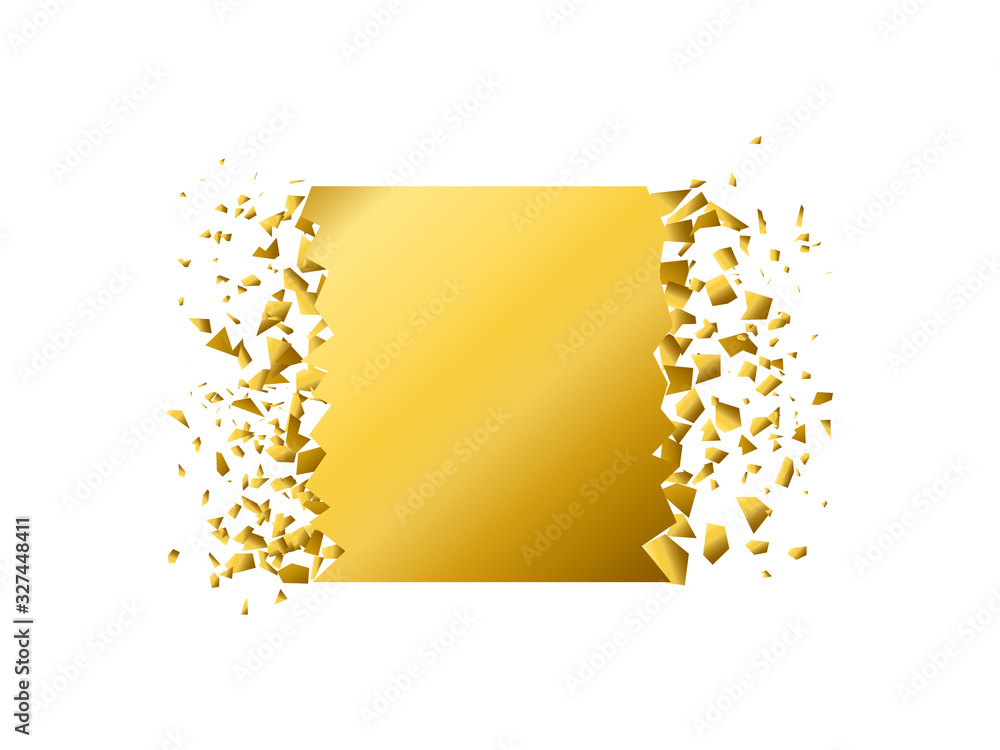 exploding square with debris. Isolated gold square on white background ...