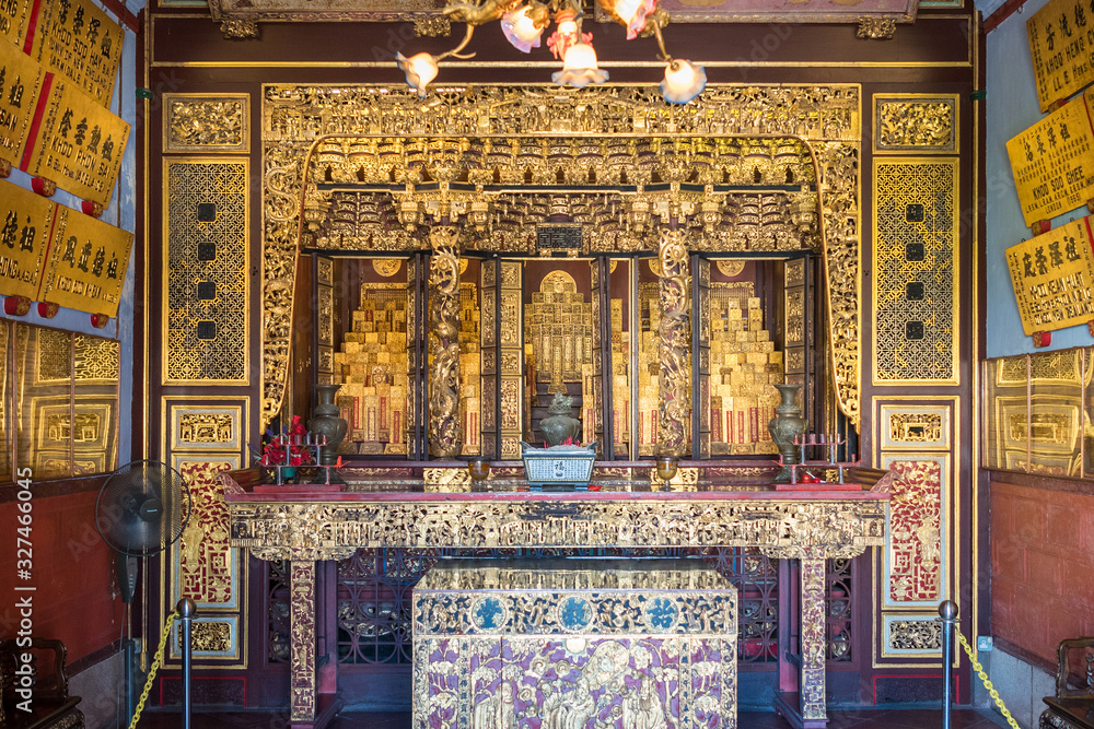 Altar with ancestral tablets inside the Khoo Kongsi, a large Chinese ...