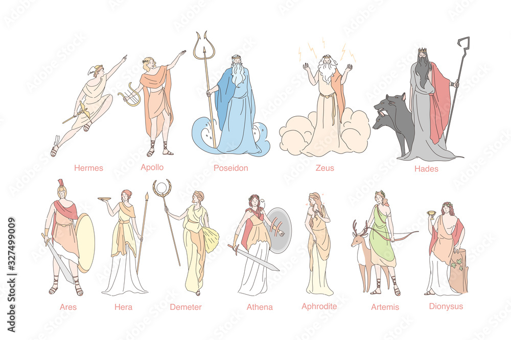 Ancient greek gods set concept. God pantheon in Greece Hermes, Apollo ...