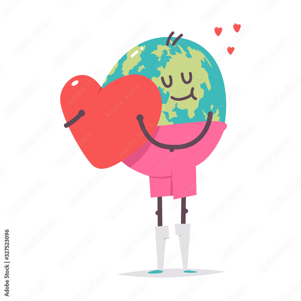 Cute earth character hugs the heart vector cartoon character isolated ...