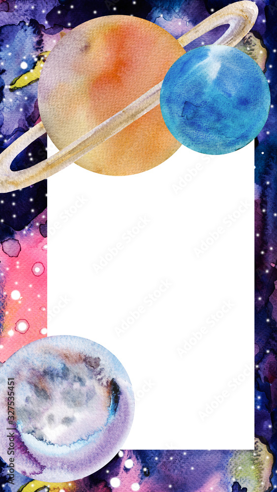 Watercolor planets background. Hand drawn planets and Saturn template ...